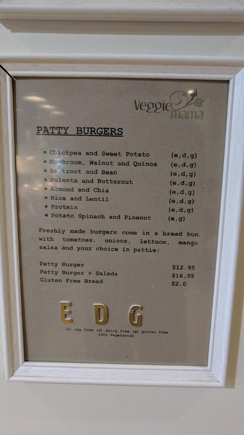 Menu at Veggie Mama cafe, Mount Lawley
