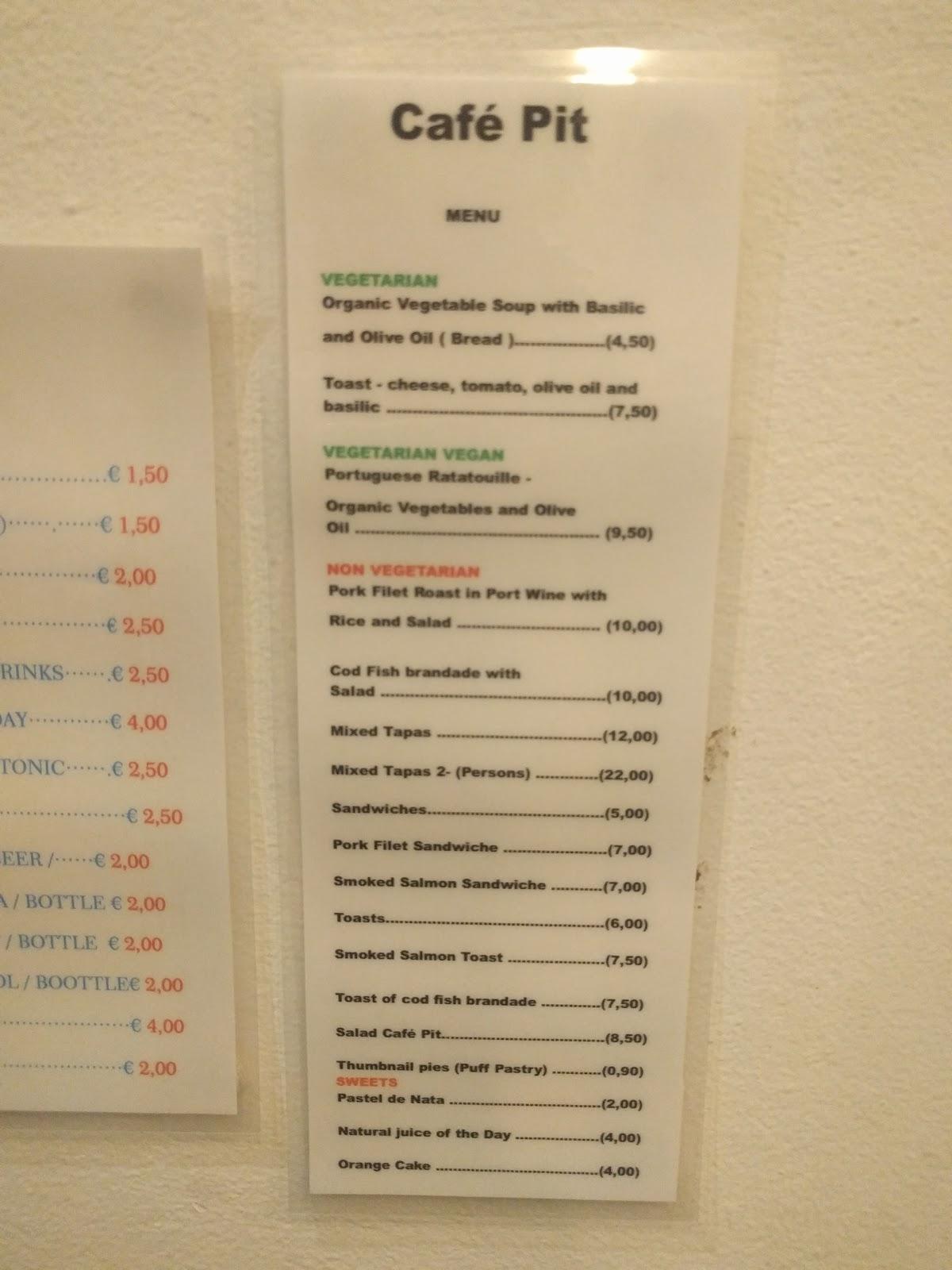 Menu at Café Pit, Lisbon