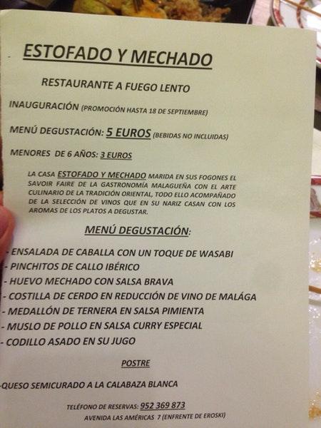 Menu at Estofado y mechado restaurant, Málaga
