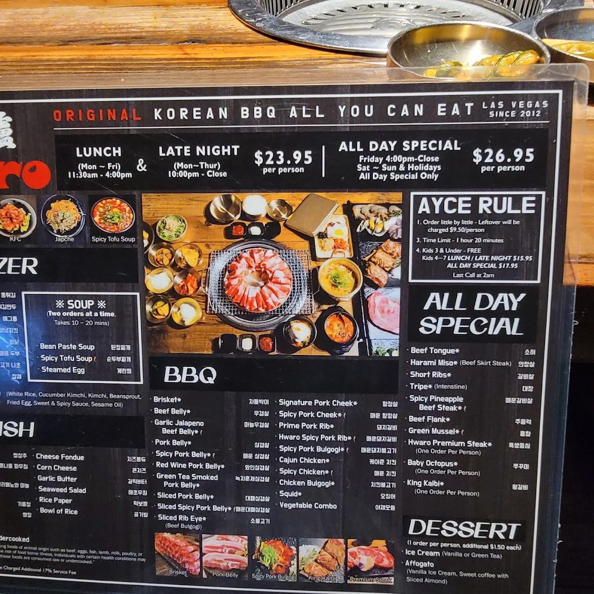 Menu at Hwaro BBQ, Las Vegas