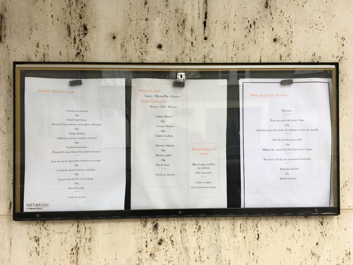 Menu au LE MILORD restaurant, Oradour-sur-Glane