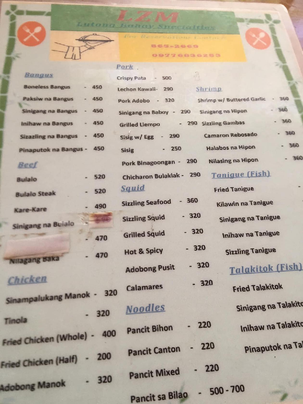 Carta de LZM Restaurant - Magallanes Square, Tagaytay, 2F Magallanes Square
