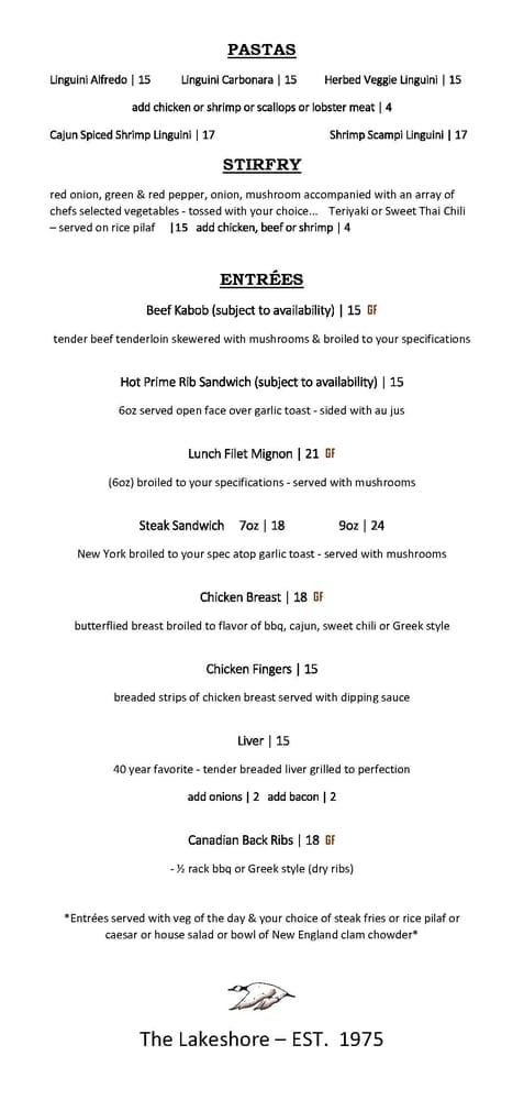 Menu at Lakeshore Restaurant, Regina