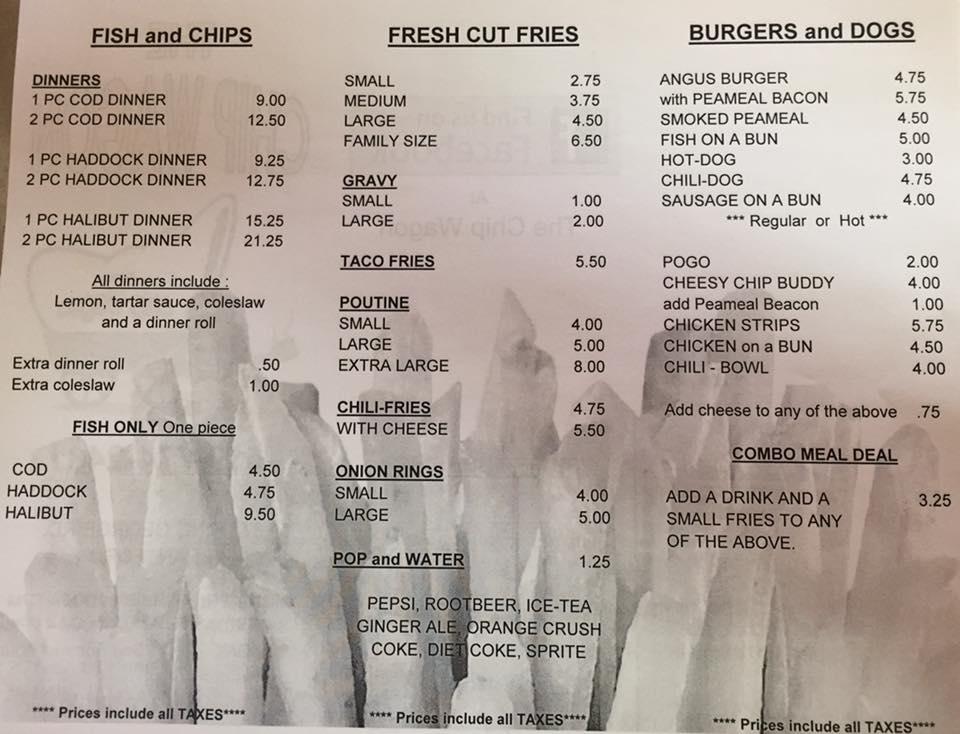 Menu at Brantford Chip Wagon restaurant, Brantford