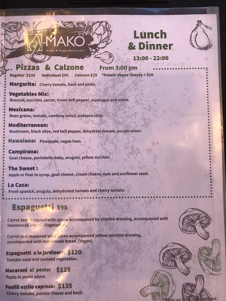 Menu at Mako pizzeria, Cabo San Lucas
