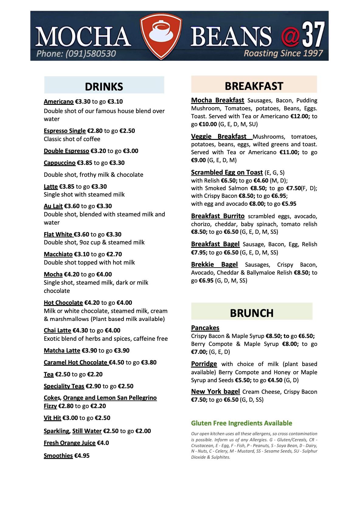 Menu at Mocha Beans @37 cafe, Galway, 37 Lower Newcastle