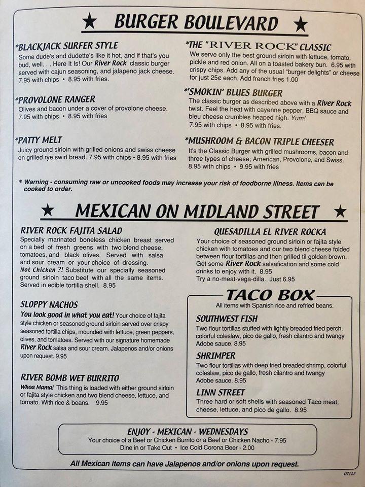 Menu at River Rock Cafe, Bay City