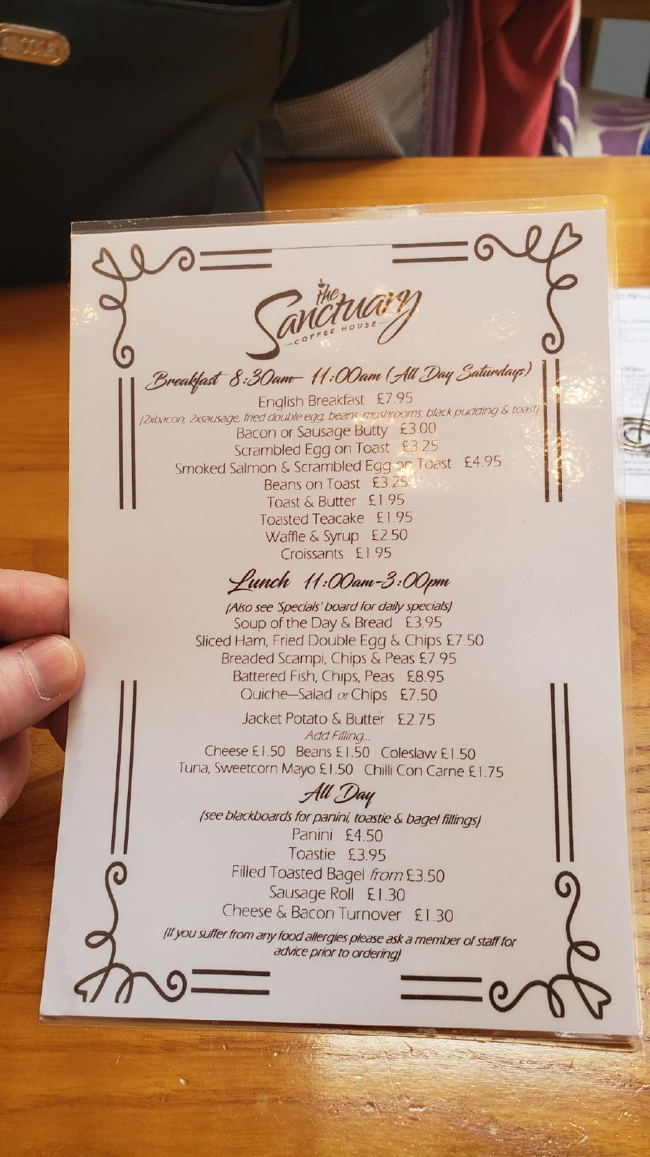 Menu at Sanctuary Coffee House, Nottingham