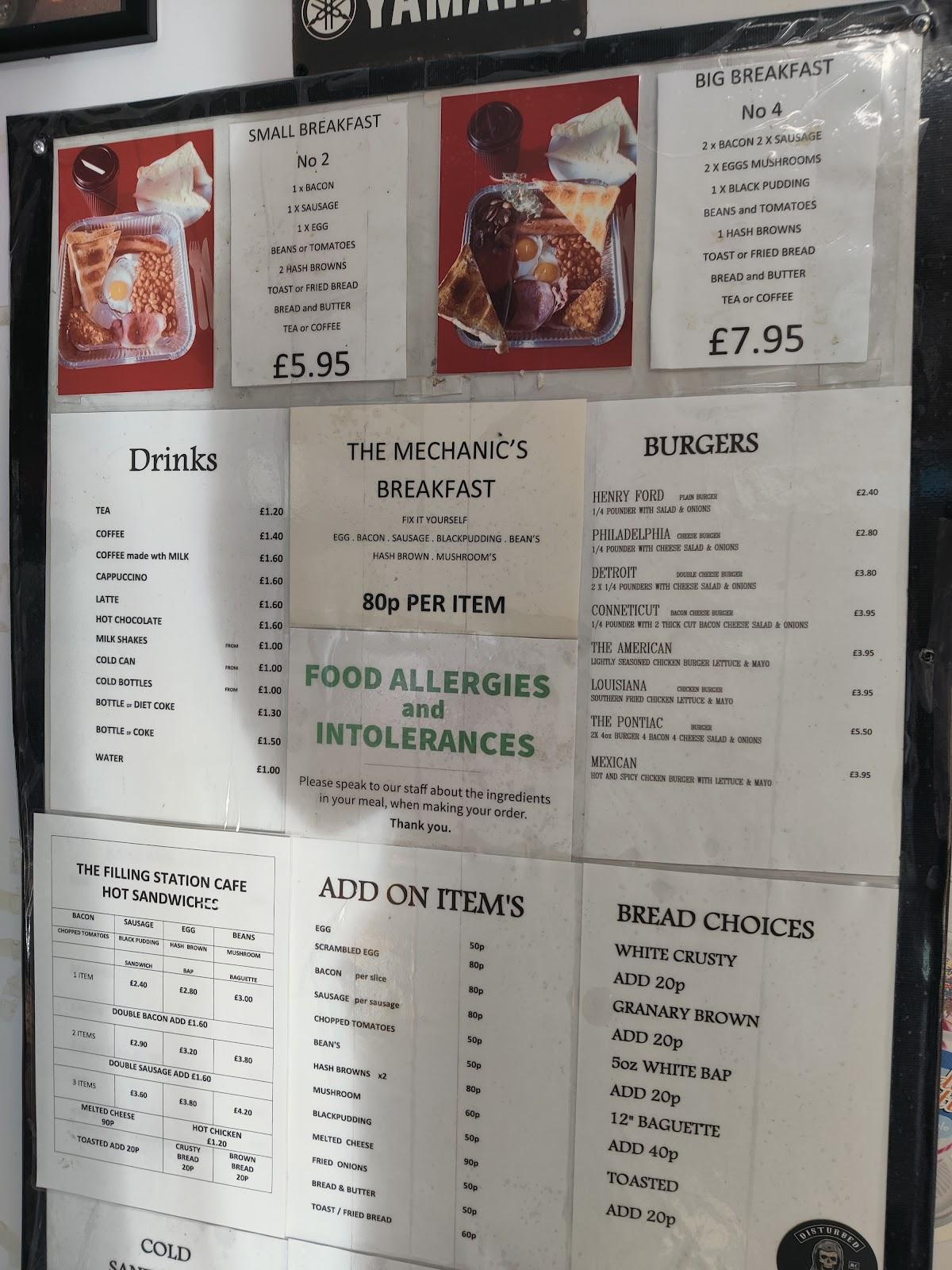 Menu at The Filling Station cafe, Malvern