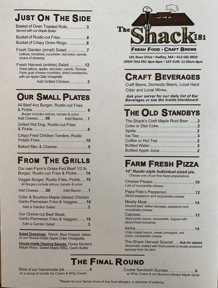 Menu at The Shack 181 pub & bar, Hadley