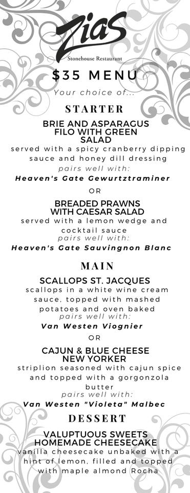 Menu at Zias Stonehouse Restaurant, Summerland