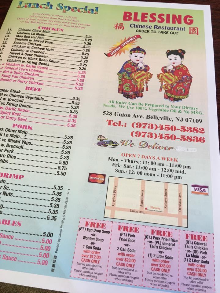 Menu at Blessing Chinese Restaurant, Belleville