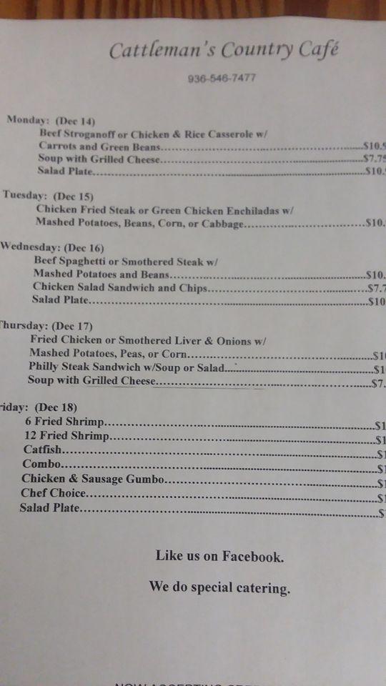 Menu at Cattleman's Country Cafe, Crockett