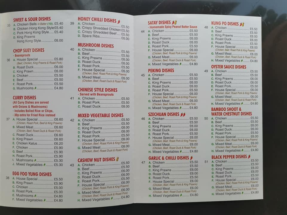 Menu at Oriental restaurant, Overton