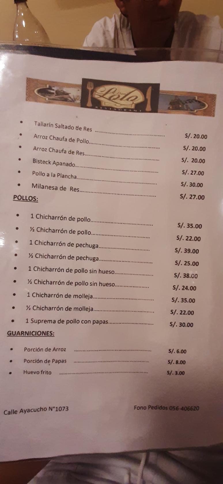 Menu at Don Lolo Restaurant, Ica