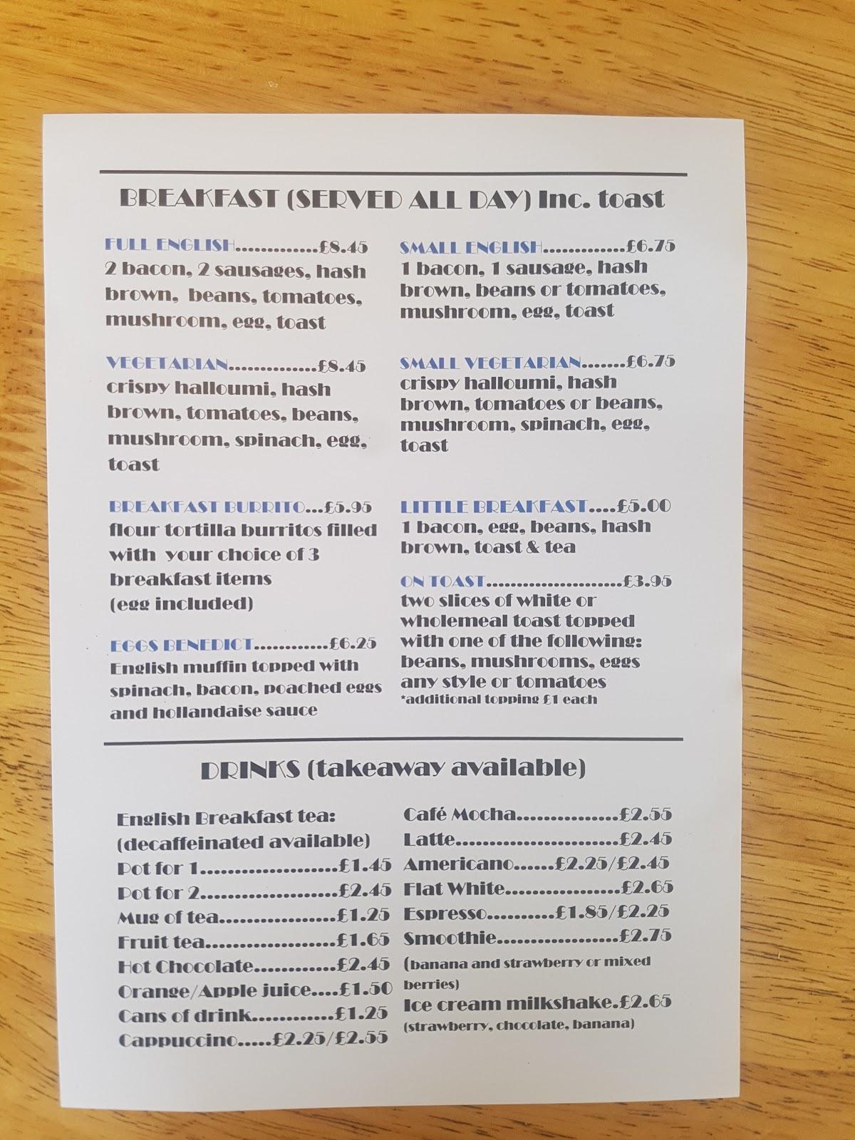 Menu at The Triangle Cafe, Eastbourne
