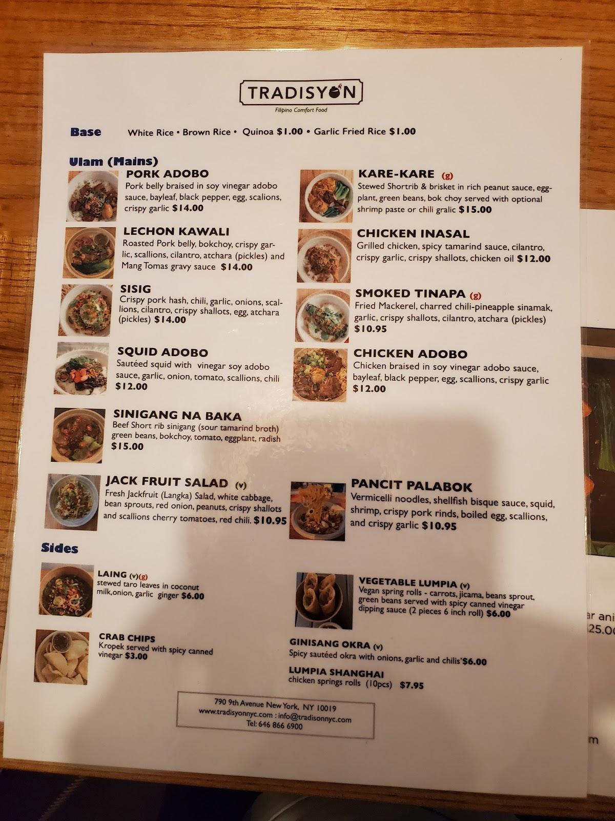 Menu at Tradisyon restaurant, West New York, 790 9th Ave