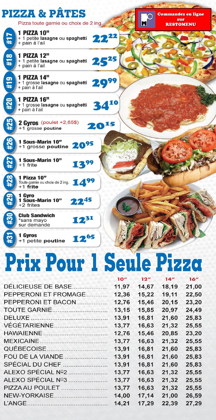 Menu at Alex O Pizza 2 pour 1 pizzeria, Brossard