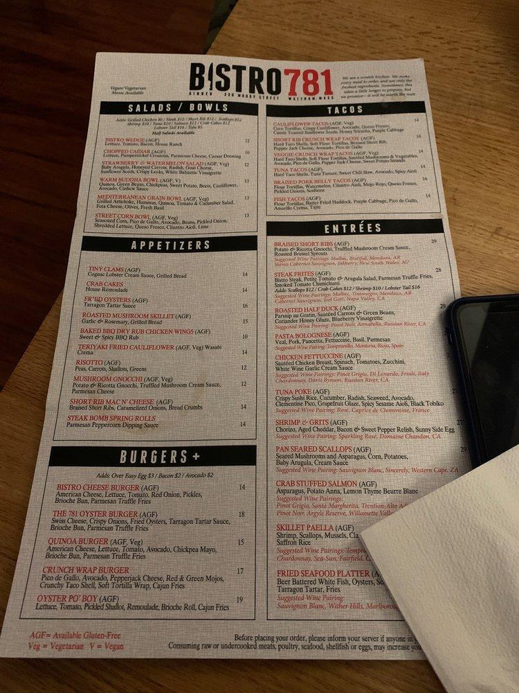 Menu at Bistro781 pub & bar, Waltham