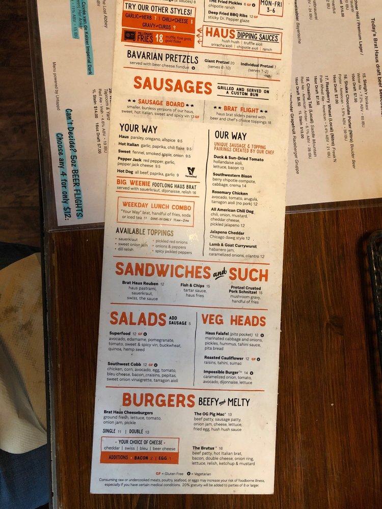 Menu at Brat Haus restaurant, Scottsdale