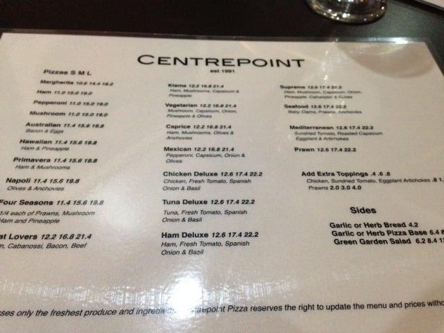 Menu at Centrepoint Pizza Kiama pizzeria, Kiama
