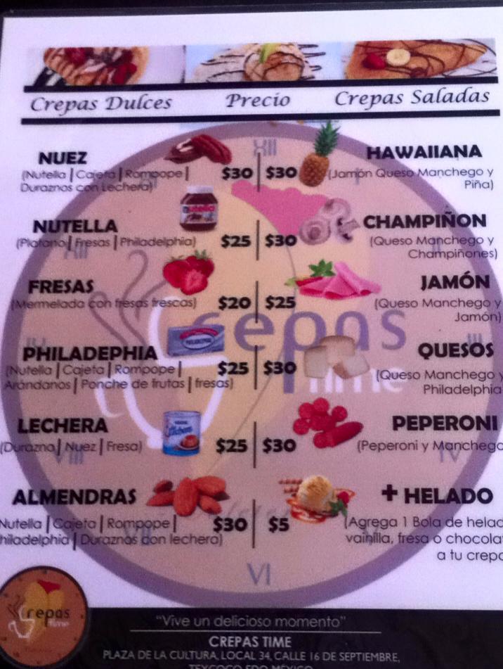 Menu at Crepas Time., Texcoco