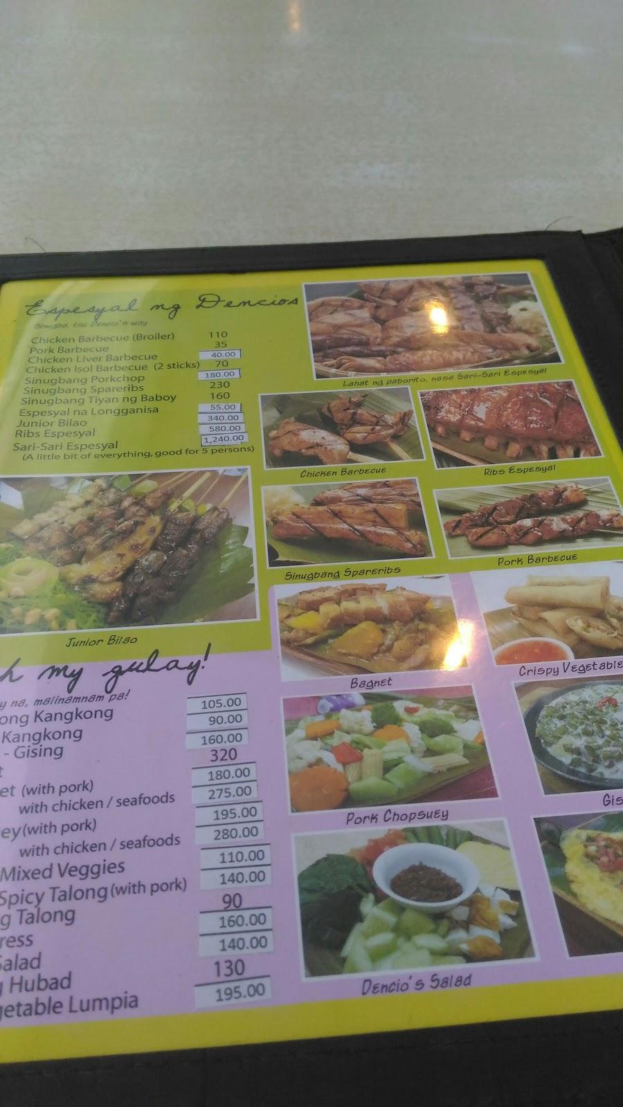 Menu at Dencio's restaurant, Davao City