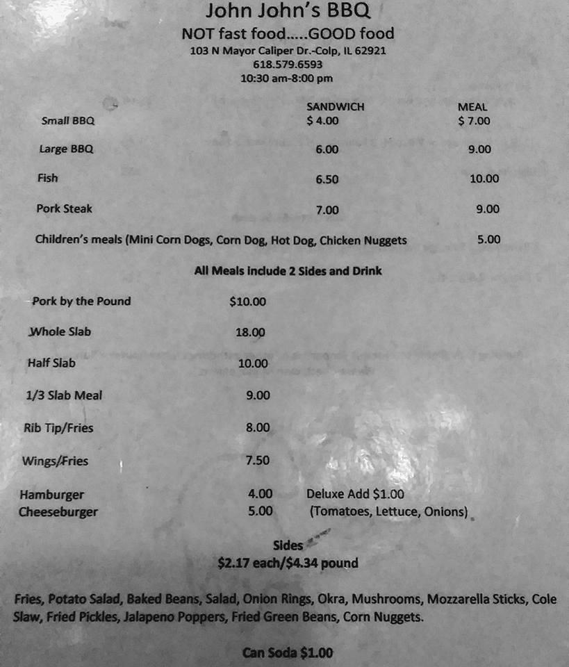 Menu at John John's BBQ, Colp, 103 N Mayor Caliper Drive