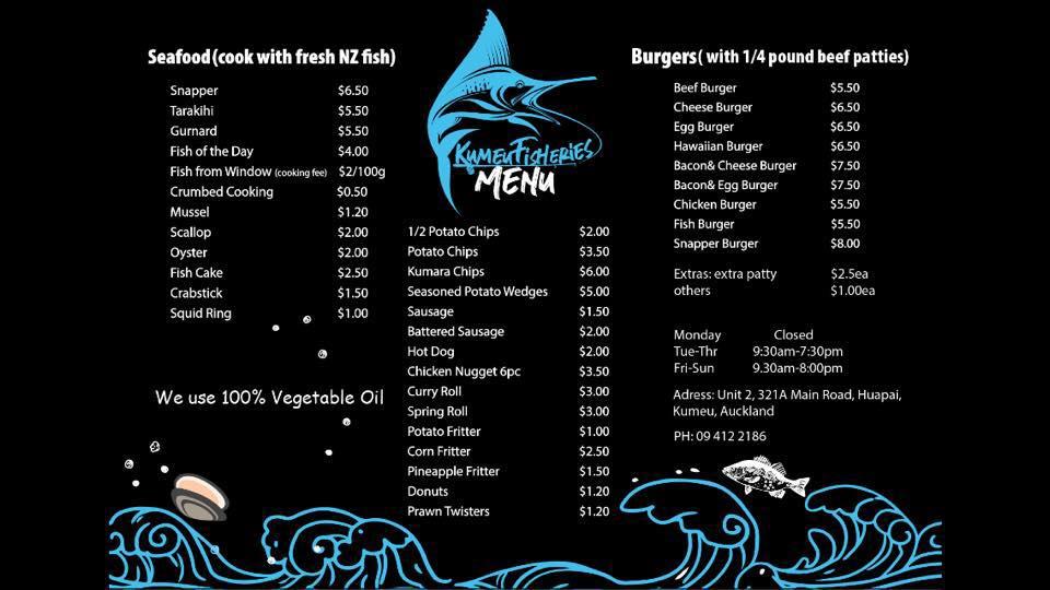 Menu at Kumeu Fisheries restaurant, Auckland