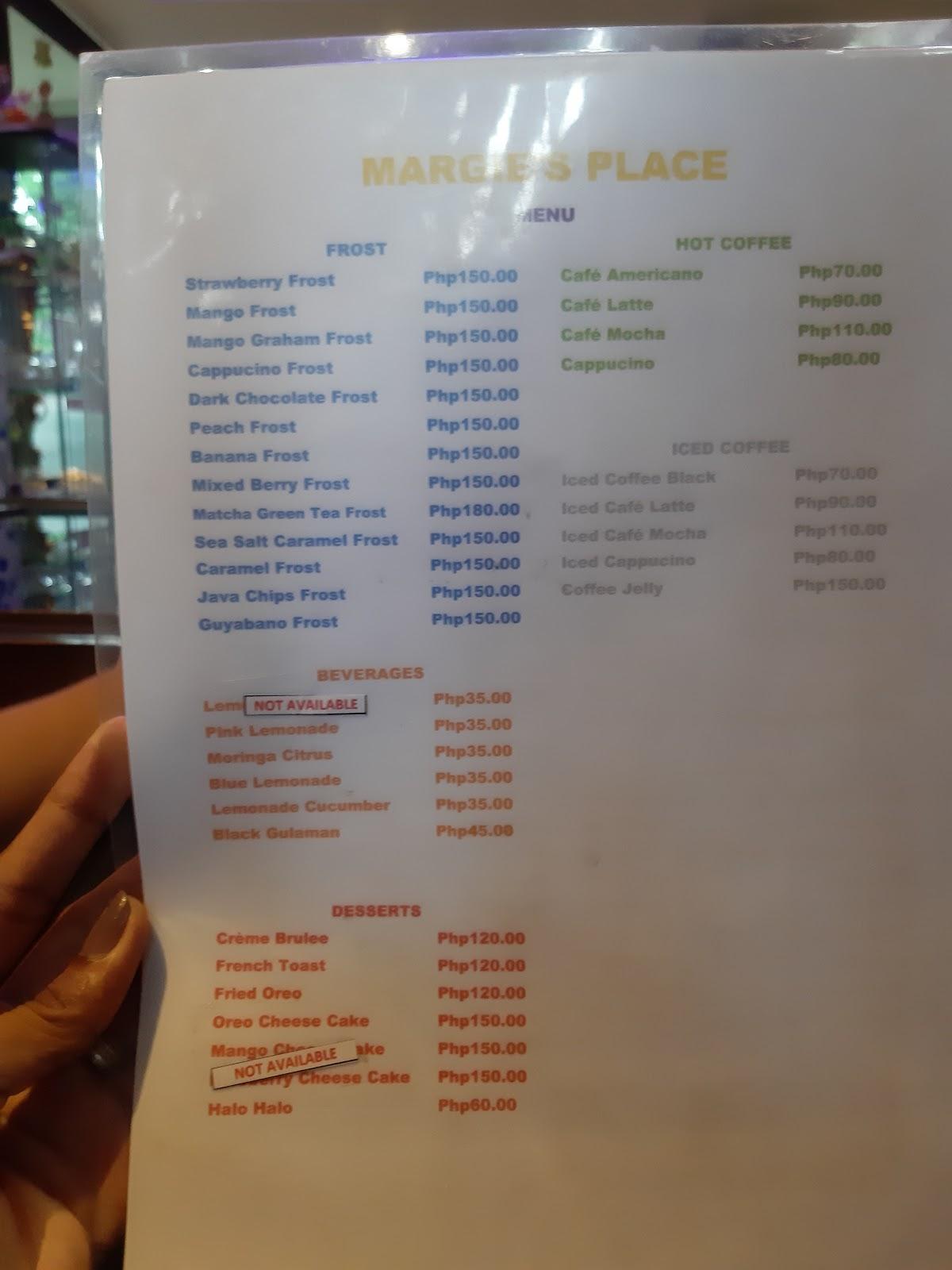 Menu at Margie's Place restaurant, Mariveles