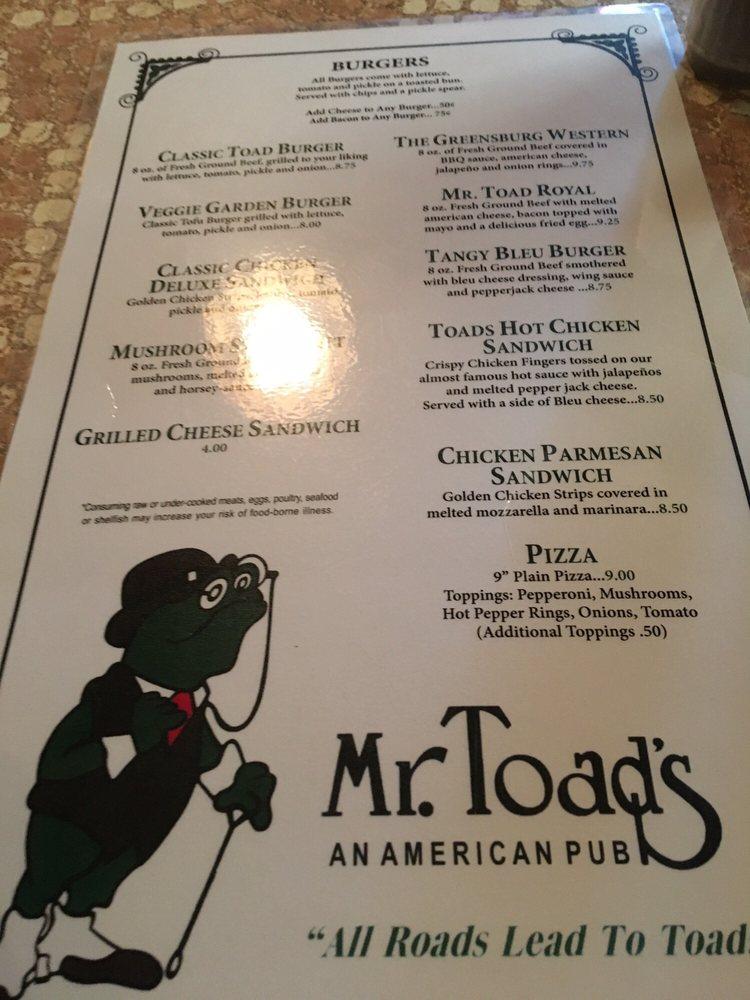 Menu at Mr. Toad's pub & bar, Greensburg