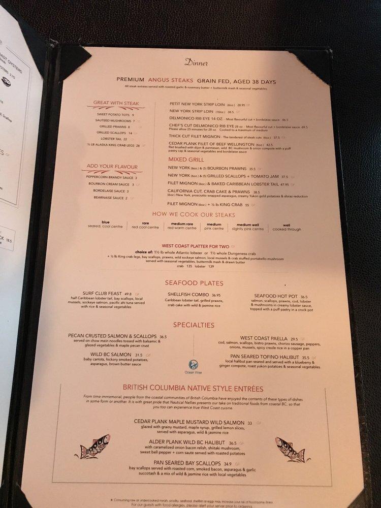 Menu au Nautical Nellies Steak & Seafood House restaurant à viande ...