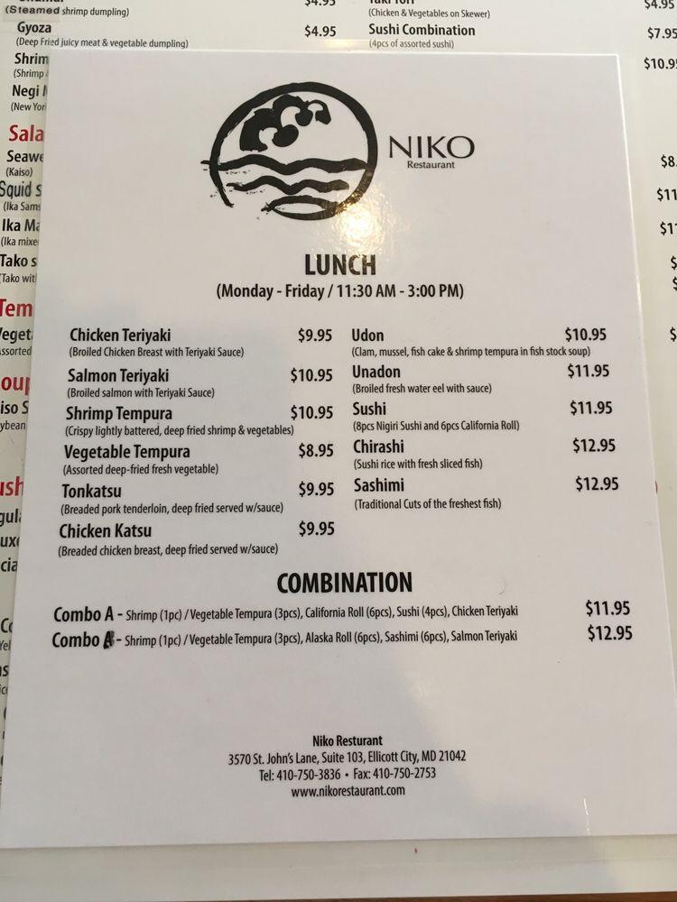 Menu at Niko Japanese Restaurant, Ellicott City, St Johns Ln Suite 103