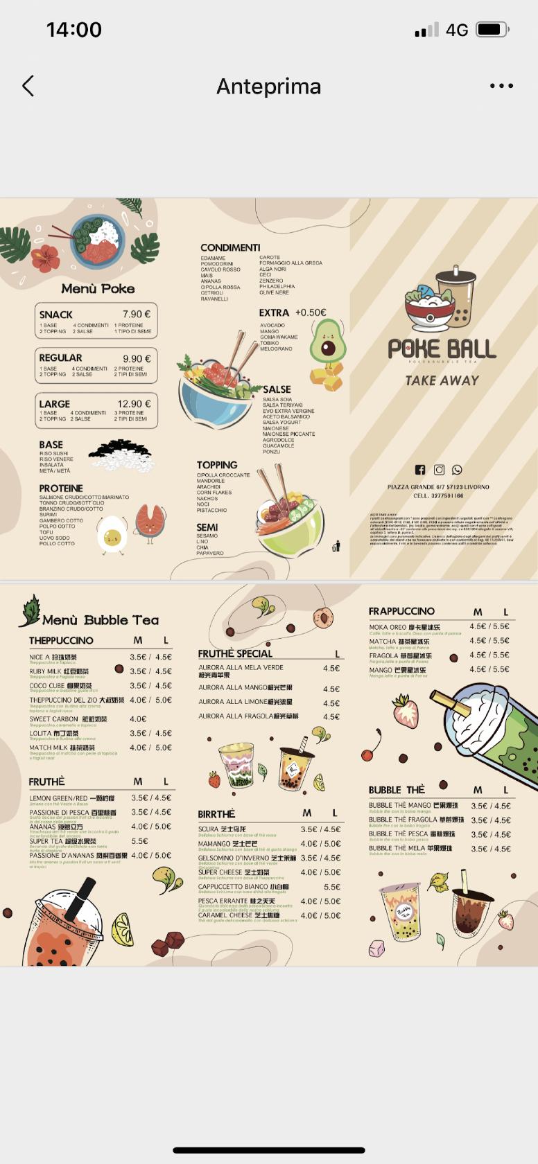 Menu at Poke Ball restaurant, Livorno