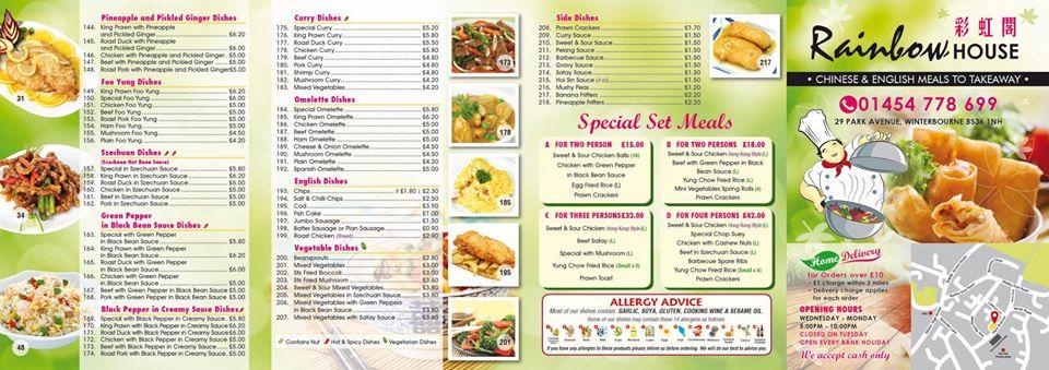 Menu at Rainbow House restaurant, Bristol