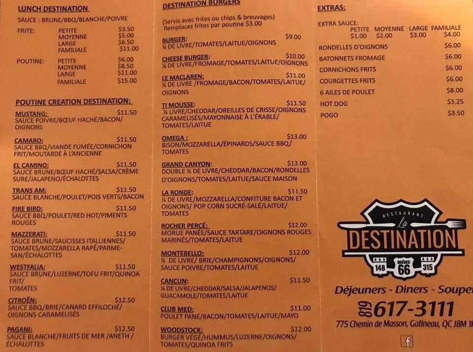 Menu au Restaurant La Destination, Gatineau
