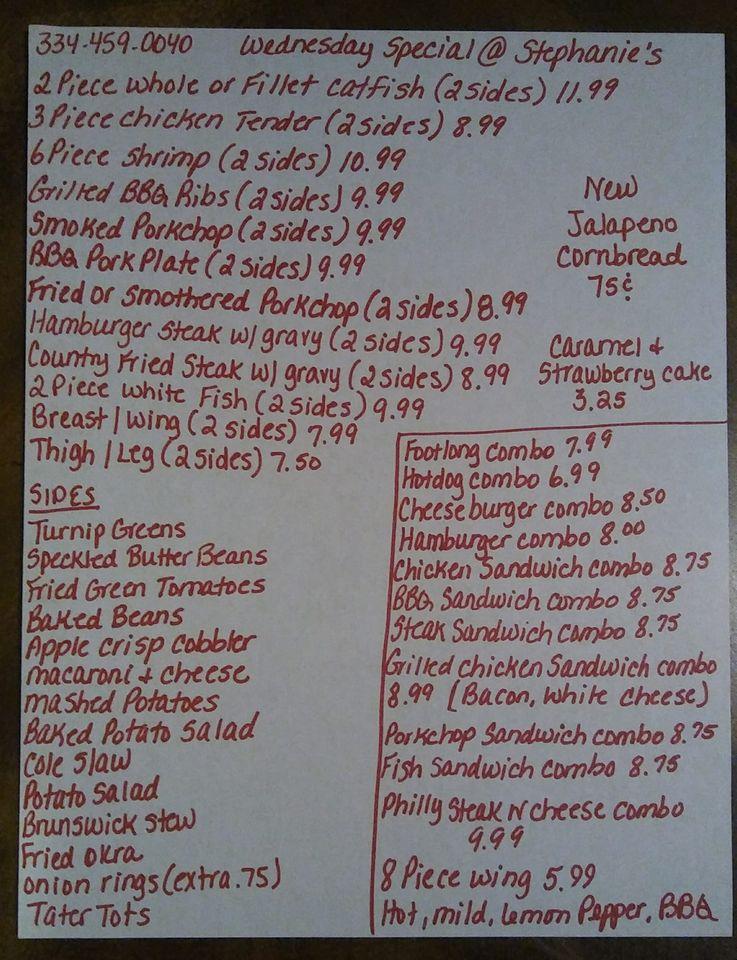 Menu at Stephanie's restaurant, La Fayette