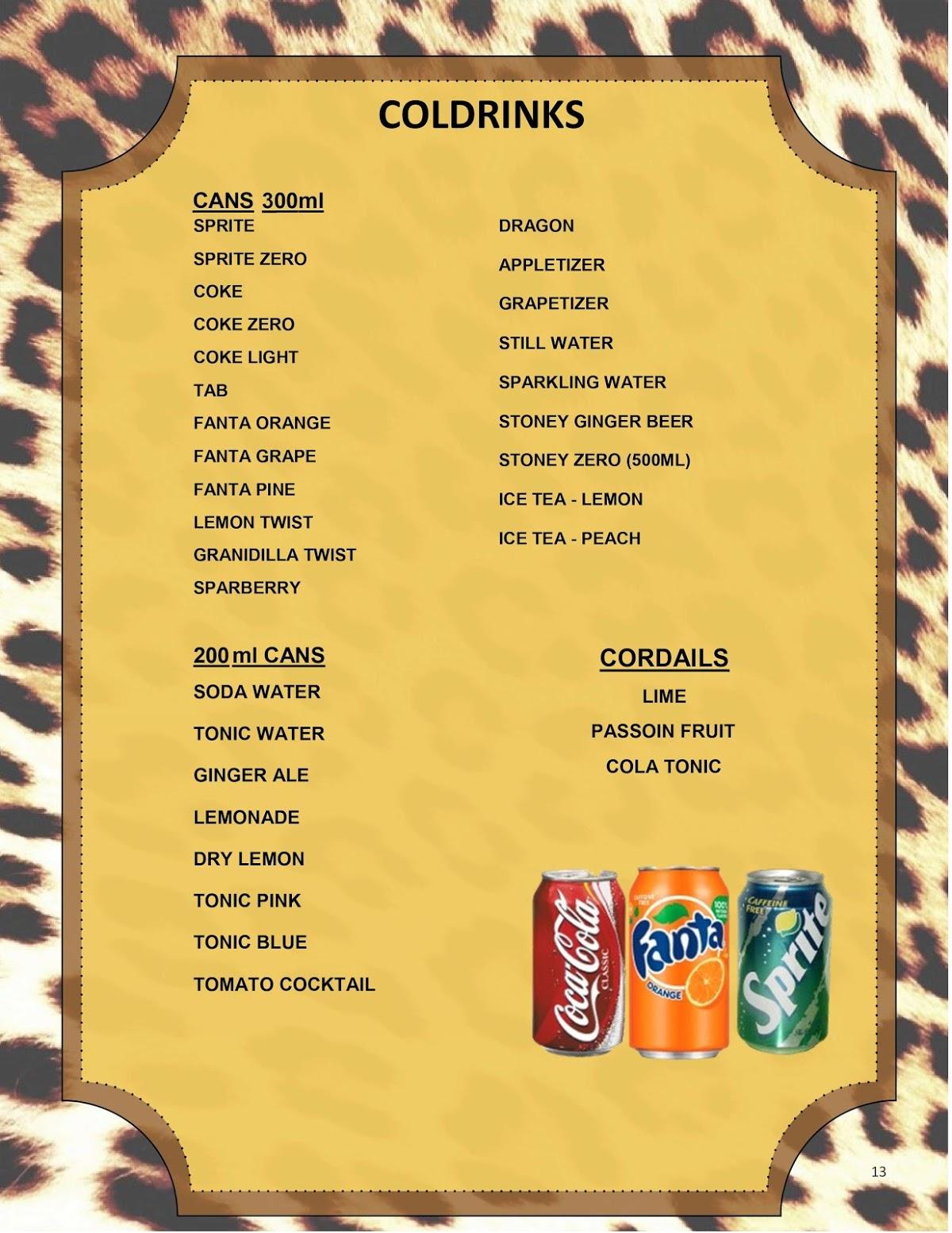 Menu at Thaba Nkwe Bushveld Inn, Thabazimbi