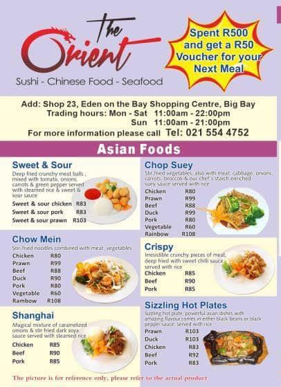 Menu at The Orient restaurant, Cape Town, 0B Otto du Plessis Dr