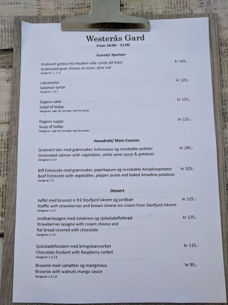 Menu at Westerås Restaurant, Geiranger