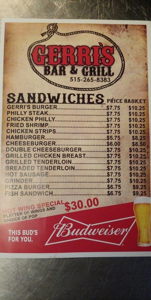 Menu at Gerri's Bar & Grill, Des Moines
