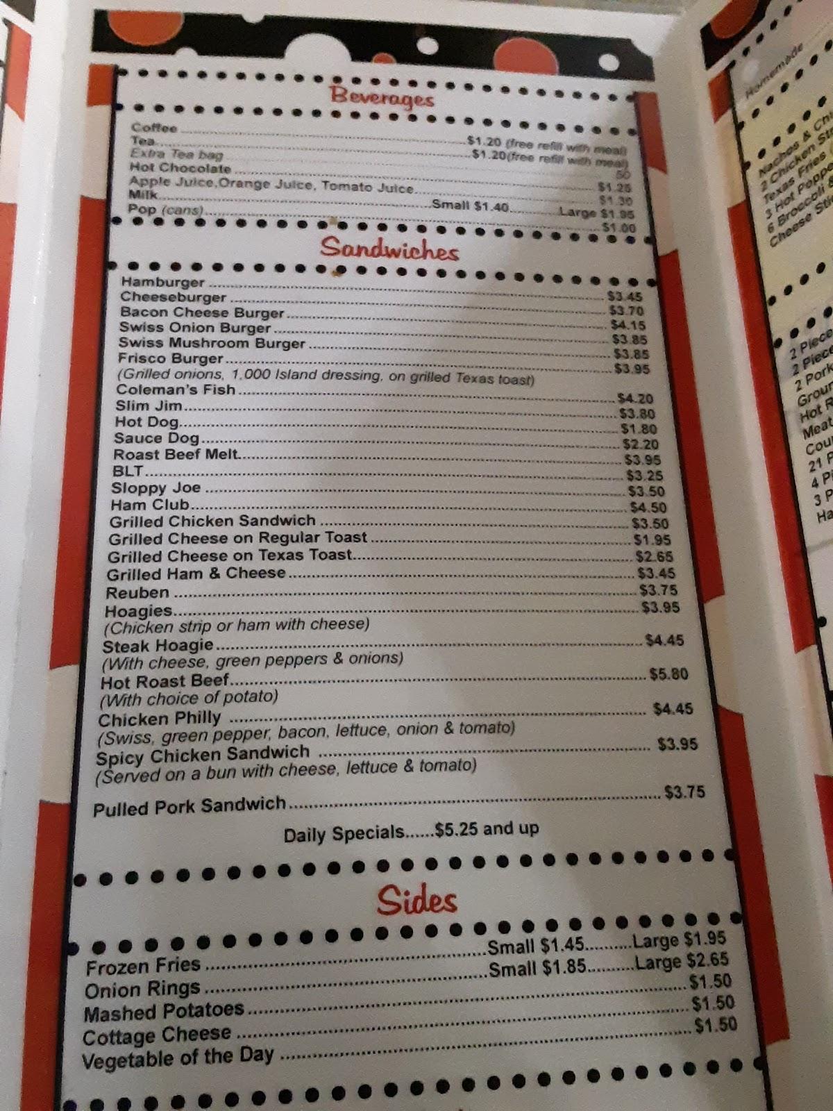 Menu at Grandma Jo's Polkadot Cafe, Moundsville