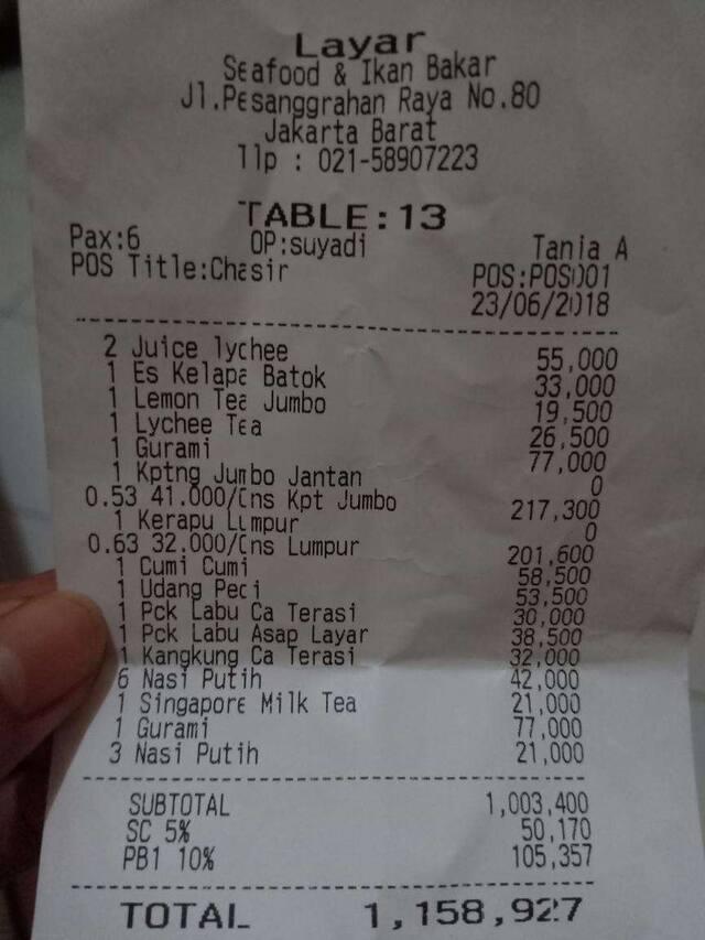 Carta del restaurante Layar Seafood & Ikan Bakar Pesanggrahan, Yakarta
