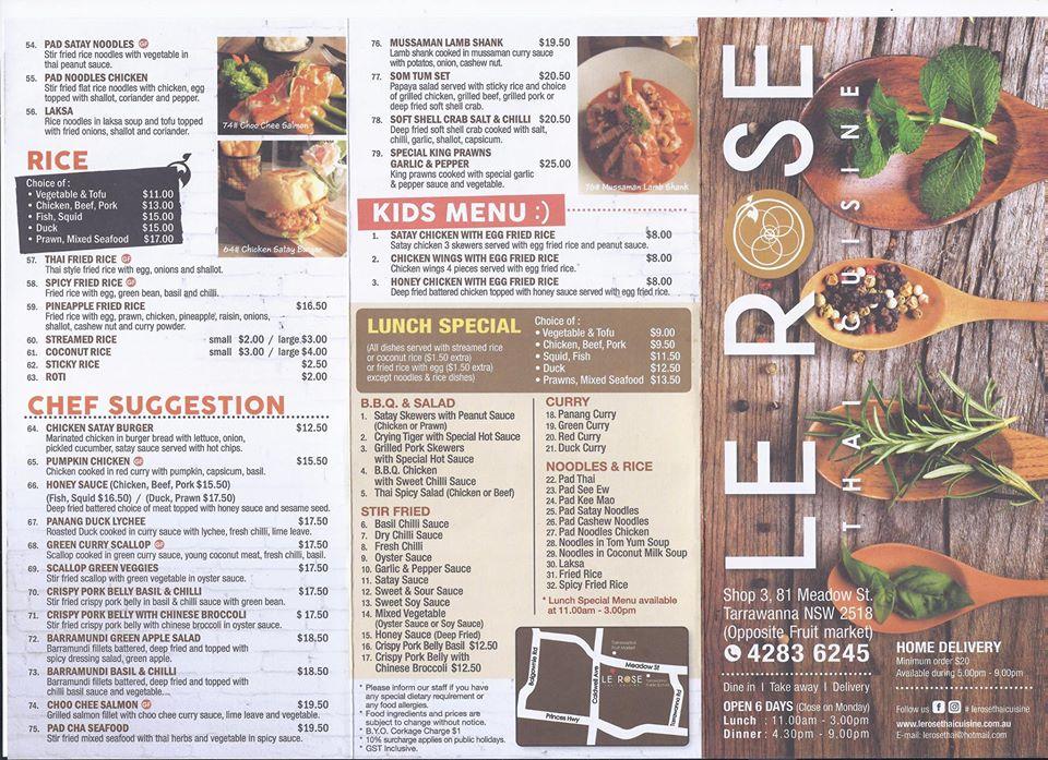 Carta del restaurante Le Rose Thai Cuisine, Tarrawanna