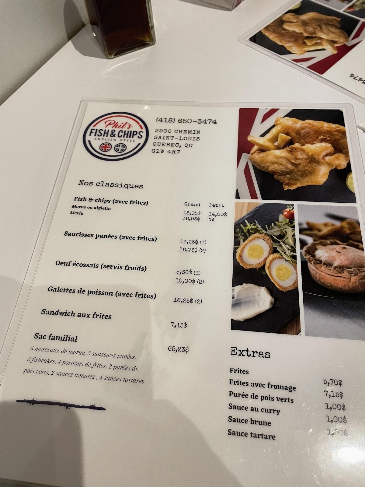 Menu au Phil's Fish & Chips restaurant, Québec, 2900 Chem. Saint-Louis