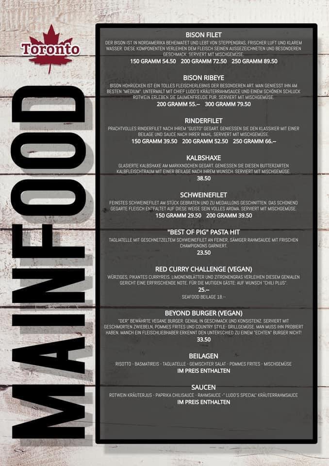Menu at Restaurant Toronto, Aegerten