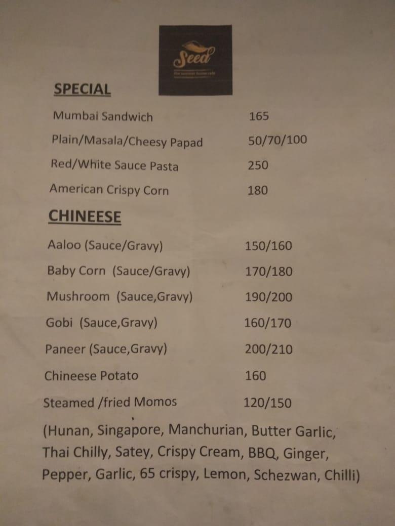 Menu at Seed Cafe, Srirangapatna