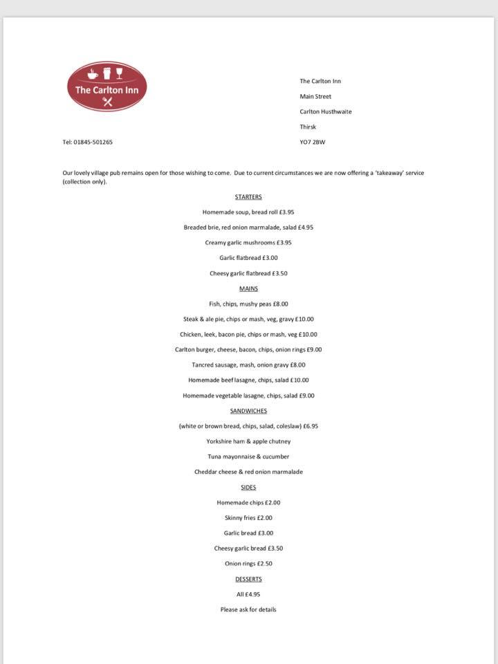 Menu at The Carlton Inn pub & bar, England, Main Street Carlton Hustwaite