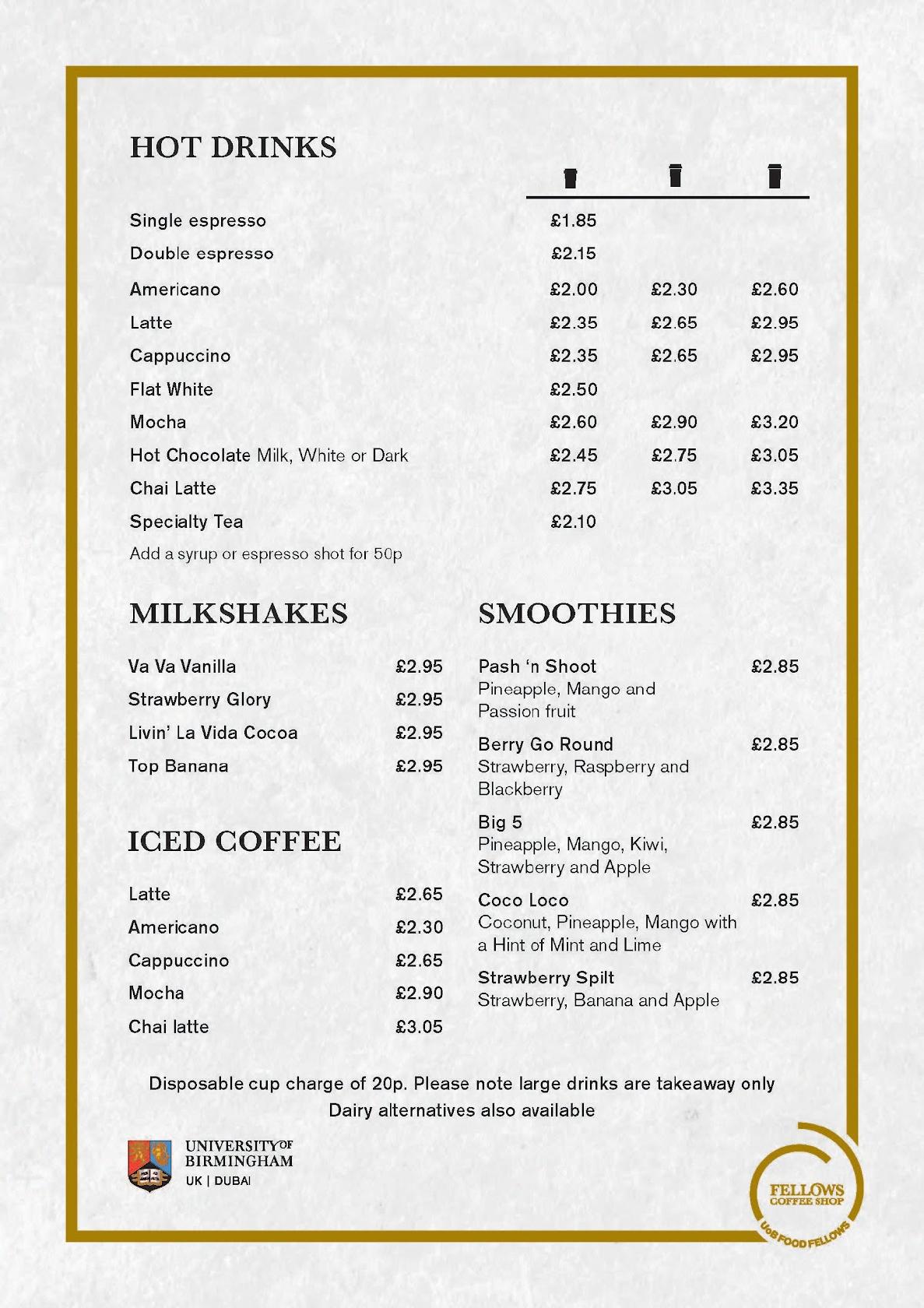 Menu at The Exchange Café, Birmingham