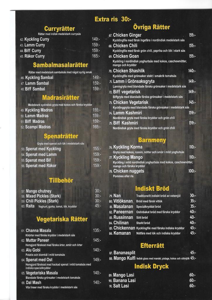 Menu at Indian Corner restaurant, Visby